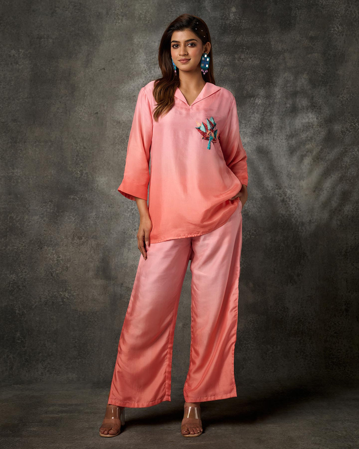 Pure Silk Hand Embroidered Phulkari Coord Set - Ombre Peach – Phulkari Forever