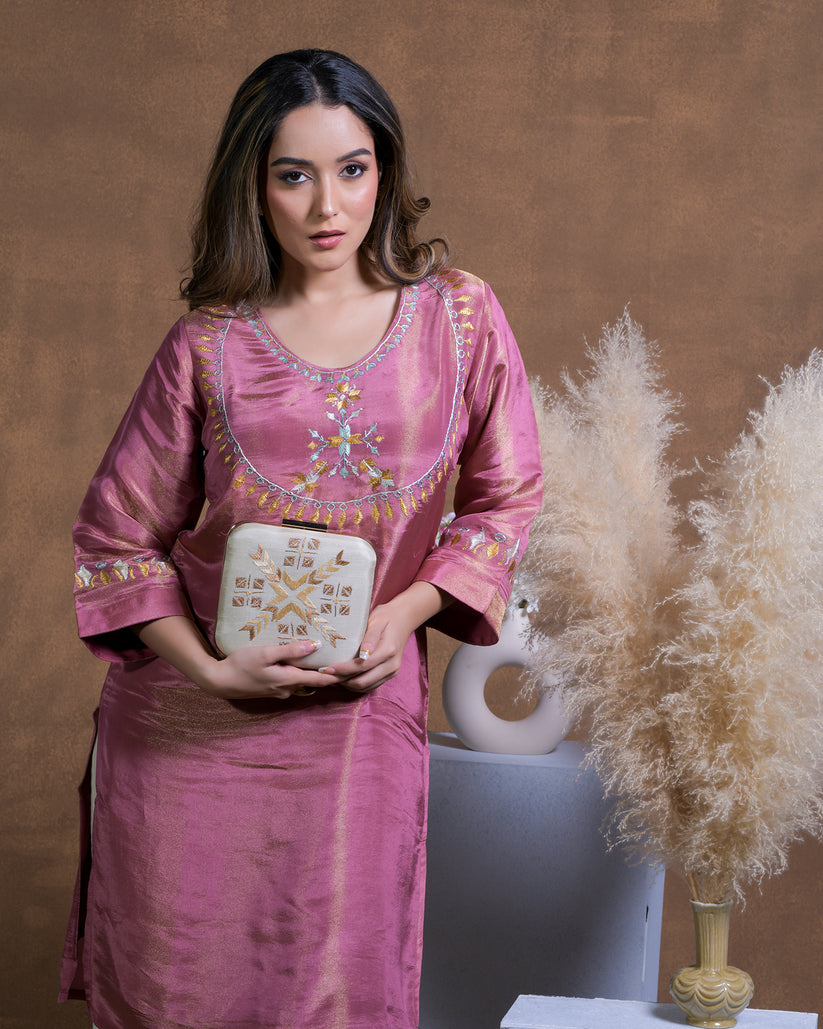 Pure Tissue Hand Work Phulkari Kurti - Rose Gold Pink – Phulkari Forever